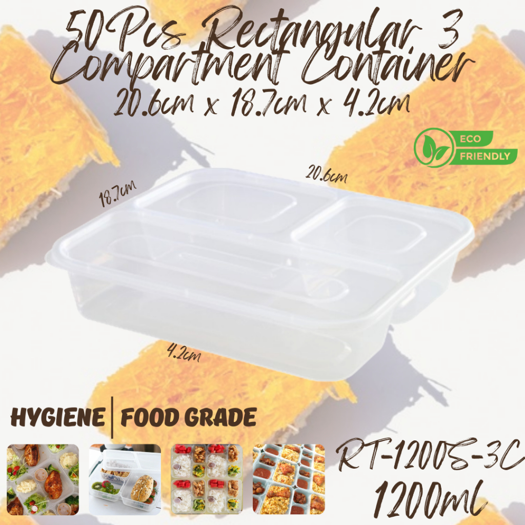 RT-1200S-3C 50Pcs 1200ml Microwavable Rectangular 3 Compartments ...