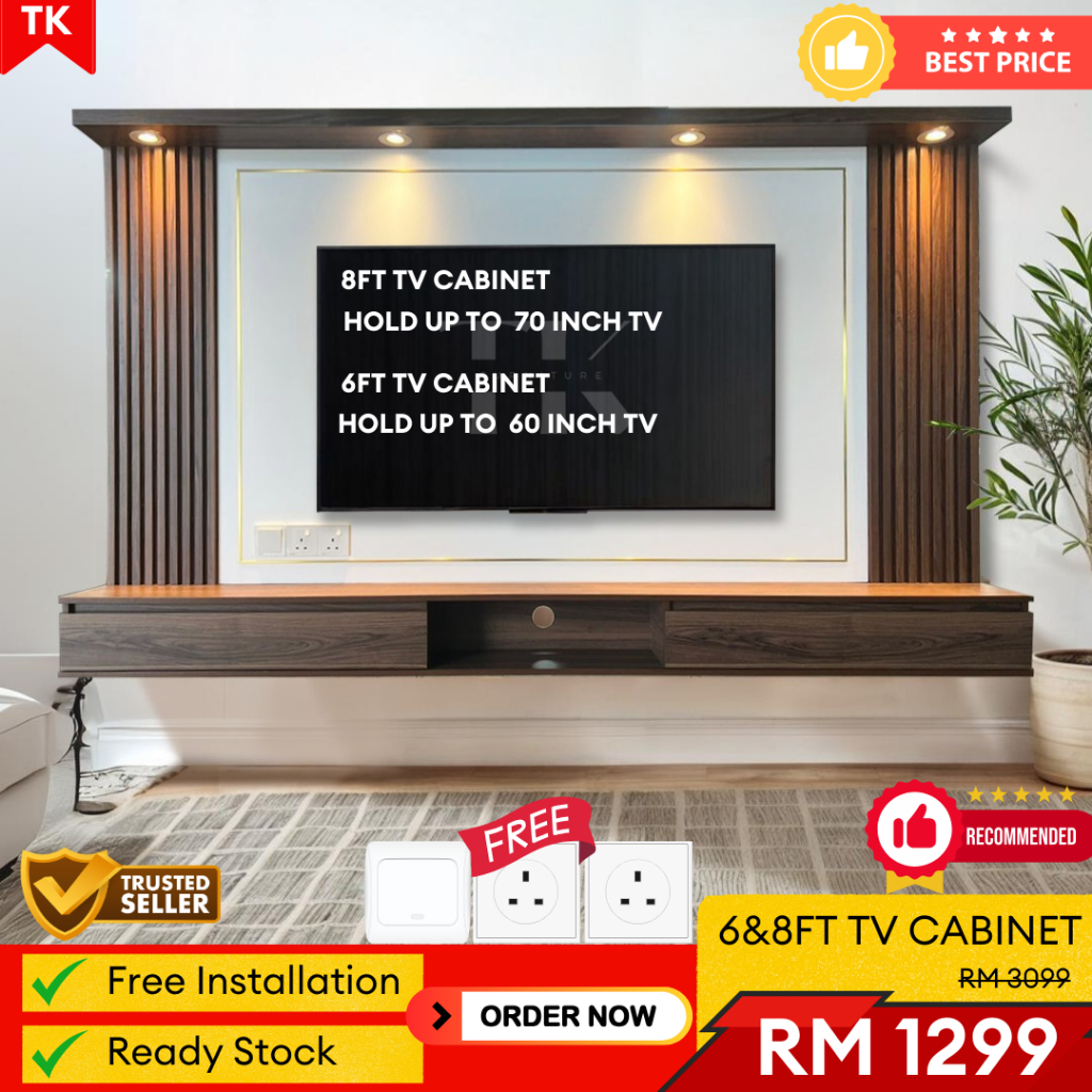 ⚡New Arrival⚡6ft 8ft TV Cabinet With Plug / Fluted / LED / Almari TV ...