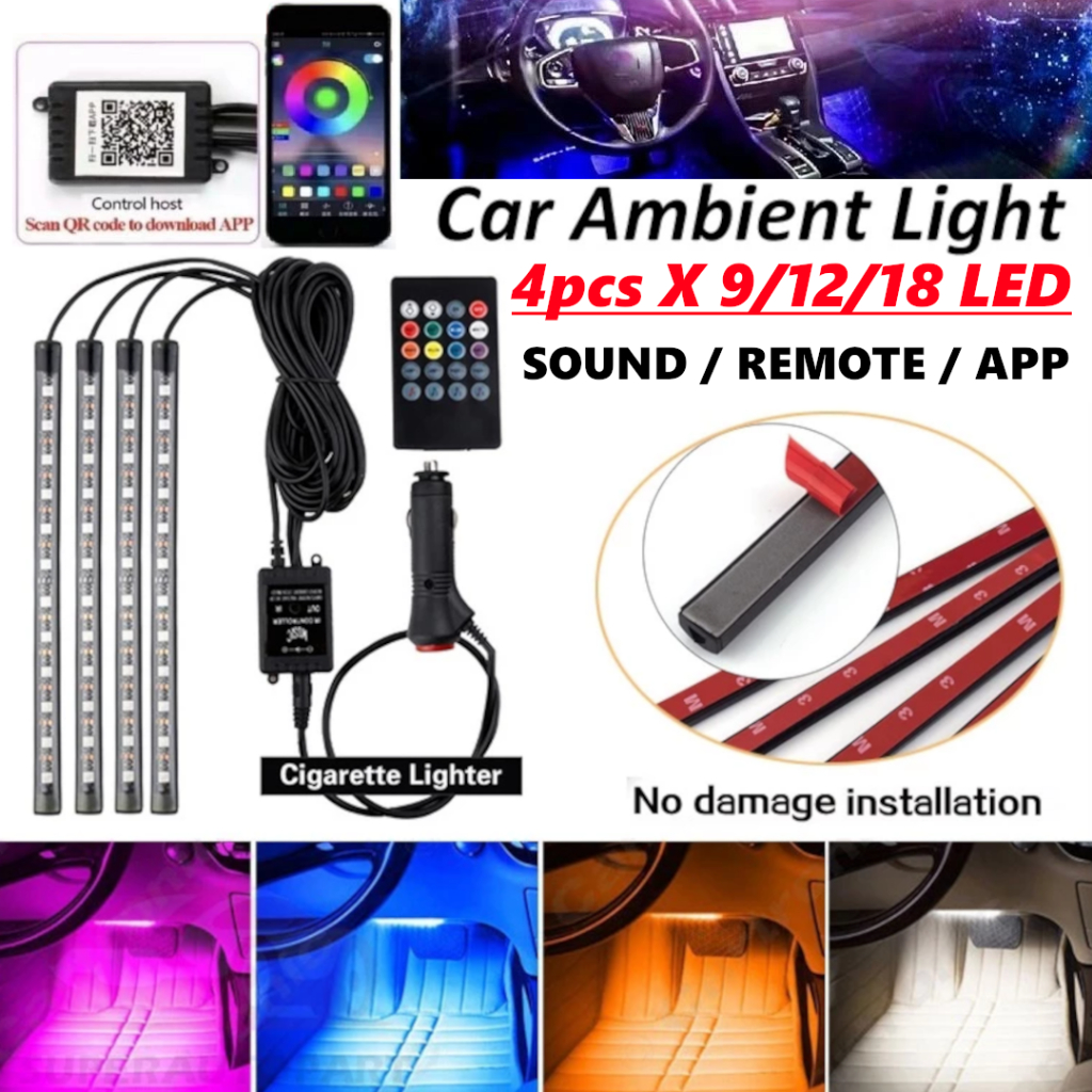 4pc RGB 9/12/18 Car Interior Foot Lamp Led Strip App Remote Sound Disco ...