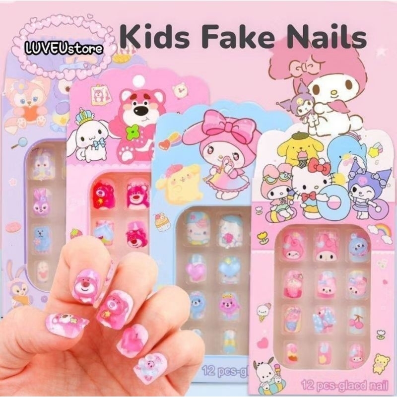 12 Pcs/Set Cute Printed Kids Nail Stickers Detachable Fake Nail for ...