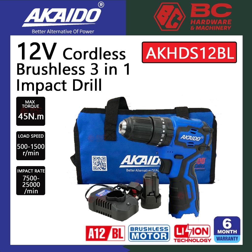 AKAIDO AKHDS12BL 12V Cordless Brushless 3 in 1 Impact Drill with 2.0AH Li-lon Battery (10mm/45Nm ...