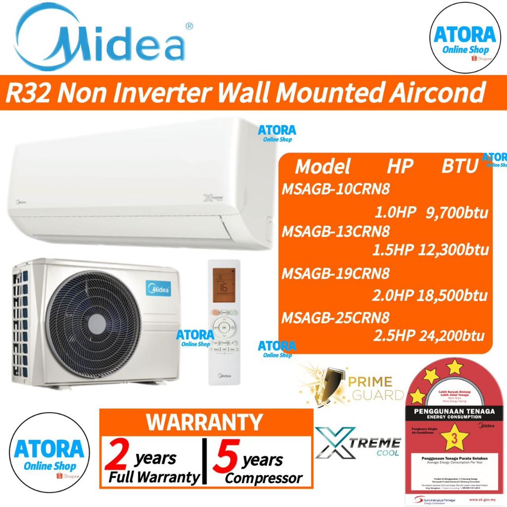 Midea R32 Air-conditioner Xtreme Cool *MSAGB*Series Non-inverter Aircond 1.0HP 1.5HP 2.0HP 2.5HP ...