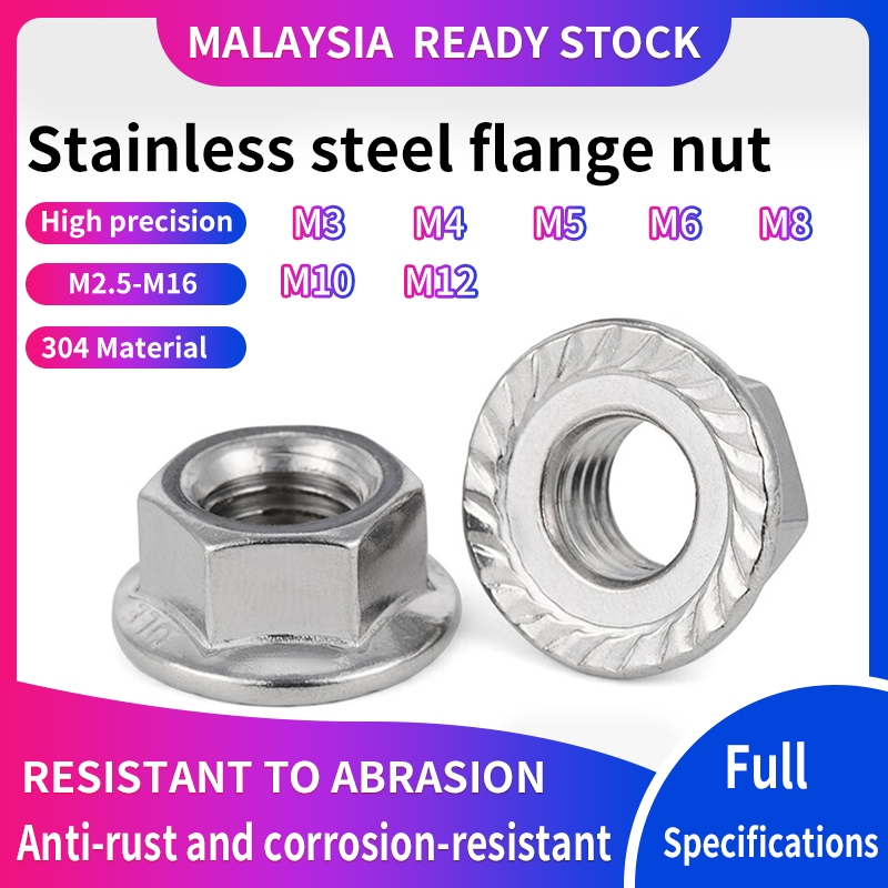 Flange Nut 304 Stainless Steel M3 M4 M5 M6 M8 M10 M12 DIN6923 Hexagon Hex Nut | Shopee Malaysia