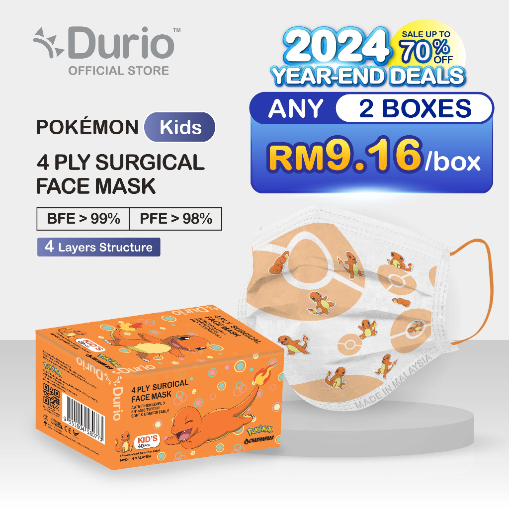 Durio 546K Pokemon Kid's 4 Ply Surgical Face Mask - Charmander (40 Pcs) | Shopee Malaysia