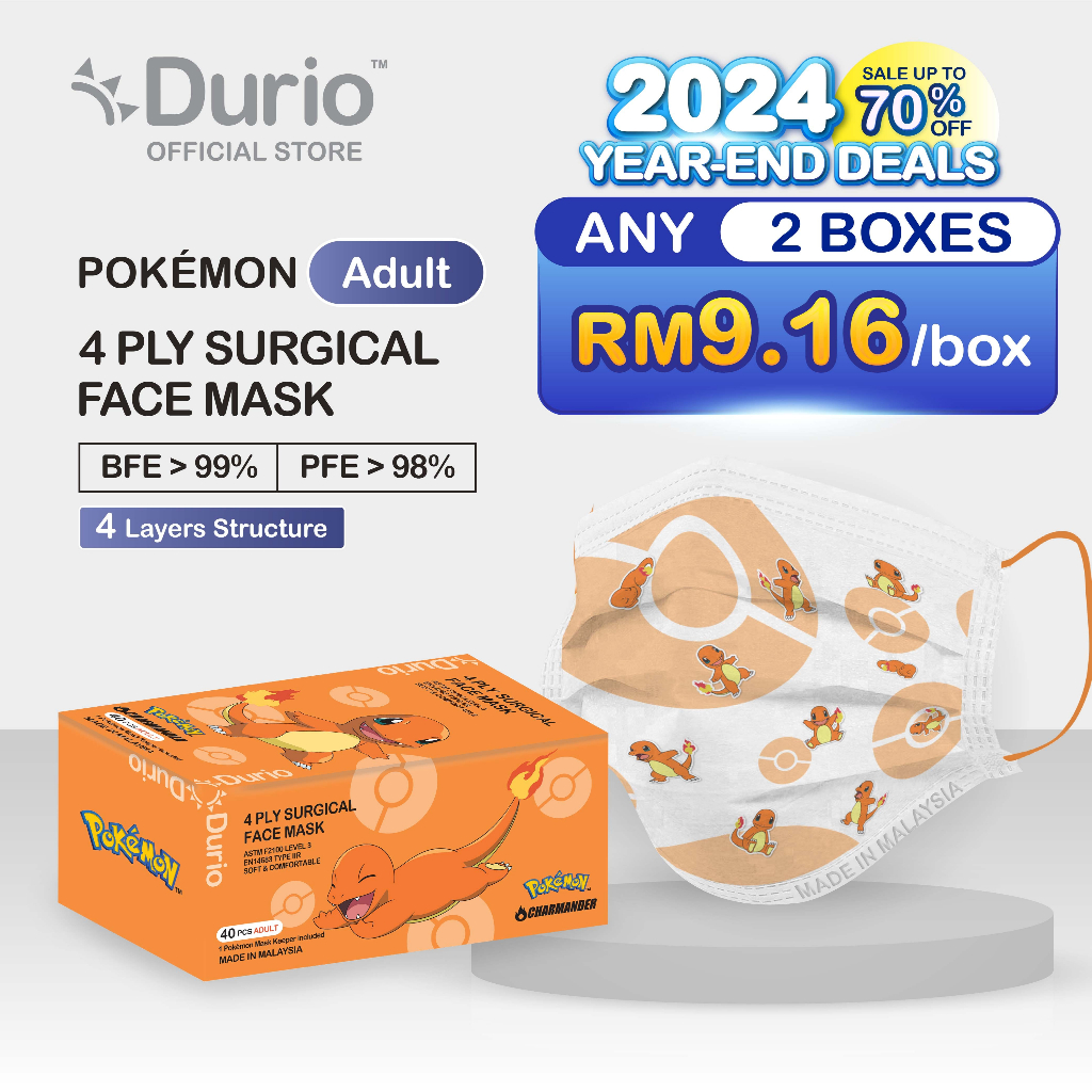 Durio 546A (Adult) Pokemon 4 Ply Surgical Face Mask - Charmander (40 ...