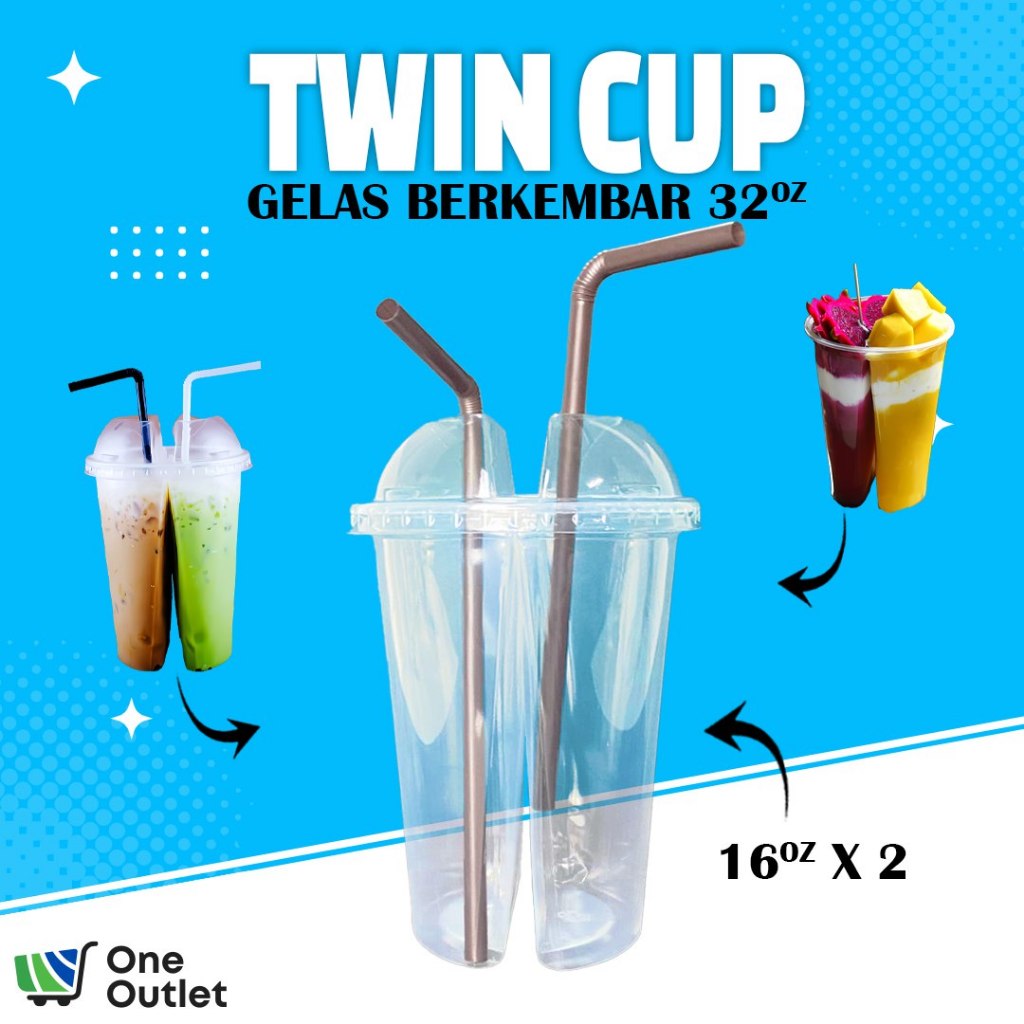 HORN BOY Twin Plastic Cup 32OZ With Lid Cup Plastic 2 Compartment Gelas ...