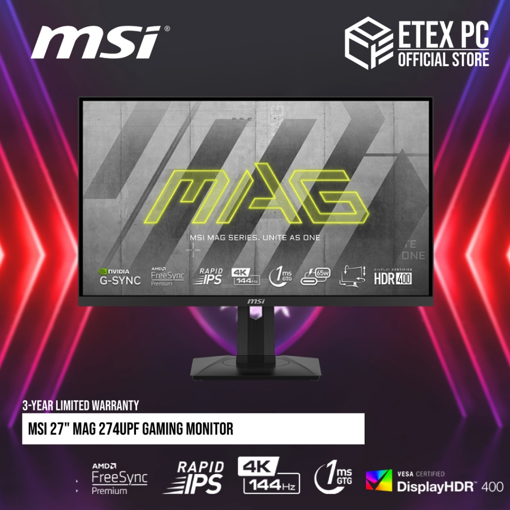 MSI 27" MAG 274UPF Gaming Monitor - ( Rapid IPS / UHD / 144Hz / 1MS / G-Sync / Freesycn ...