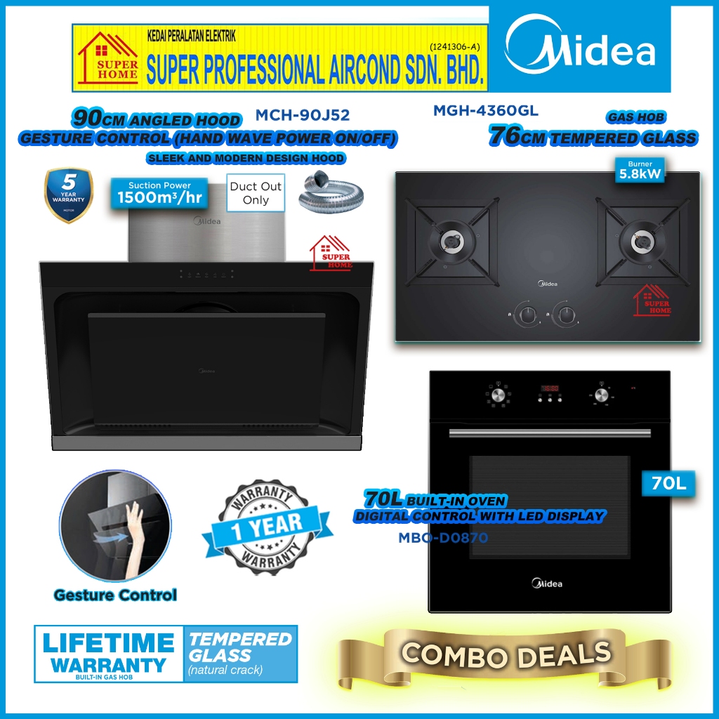 Midea Cooker Hood MCH-90J52 90cm/ Midea Built in Gas Hob 5.8kW / Midea ...
