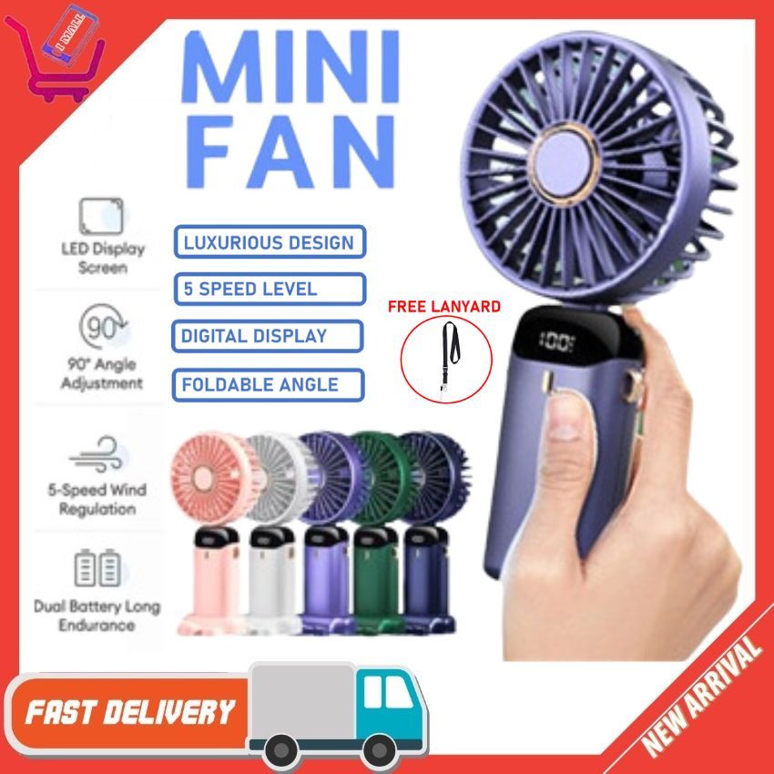 Handle Cooling Fan With LED Display 5 Speed Rechargeable Portable ...
