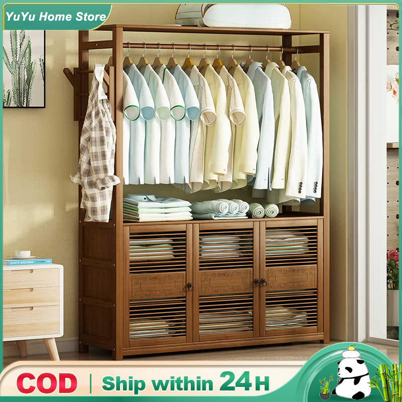 Clothes Rack Coat Storage Rack Wardrobe with Door Wooden Bamboo Modern ...