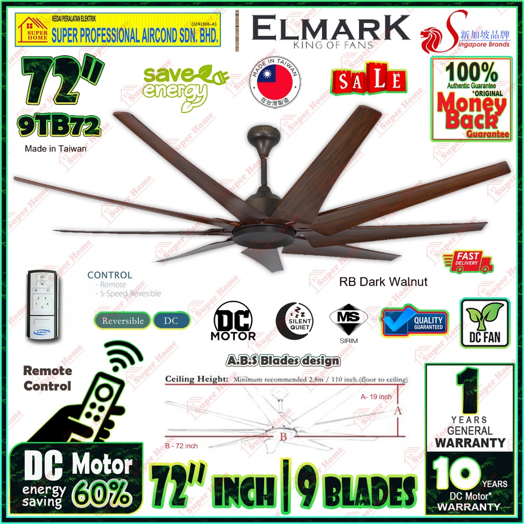 Elmark DC Fan 9TB72 Walnut 72 inches 9-blade Remote Control Ceiling Fan ...