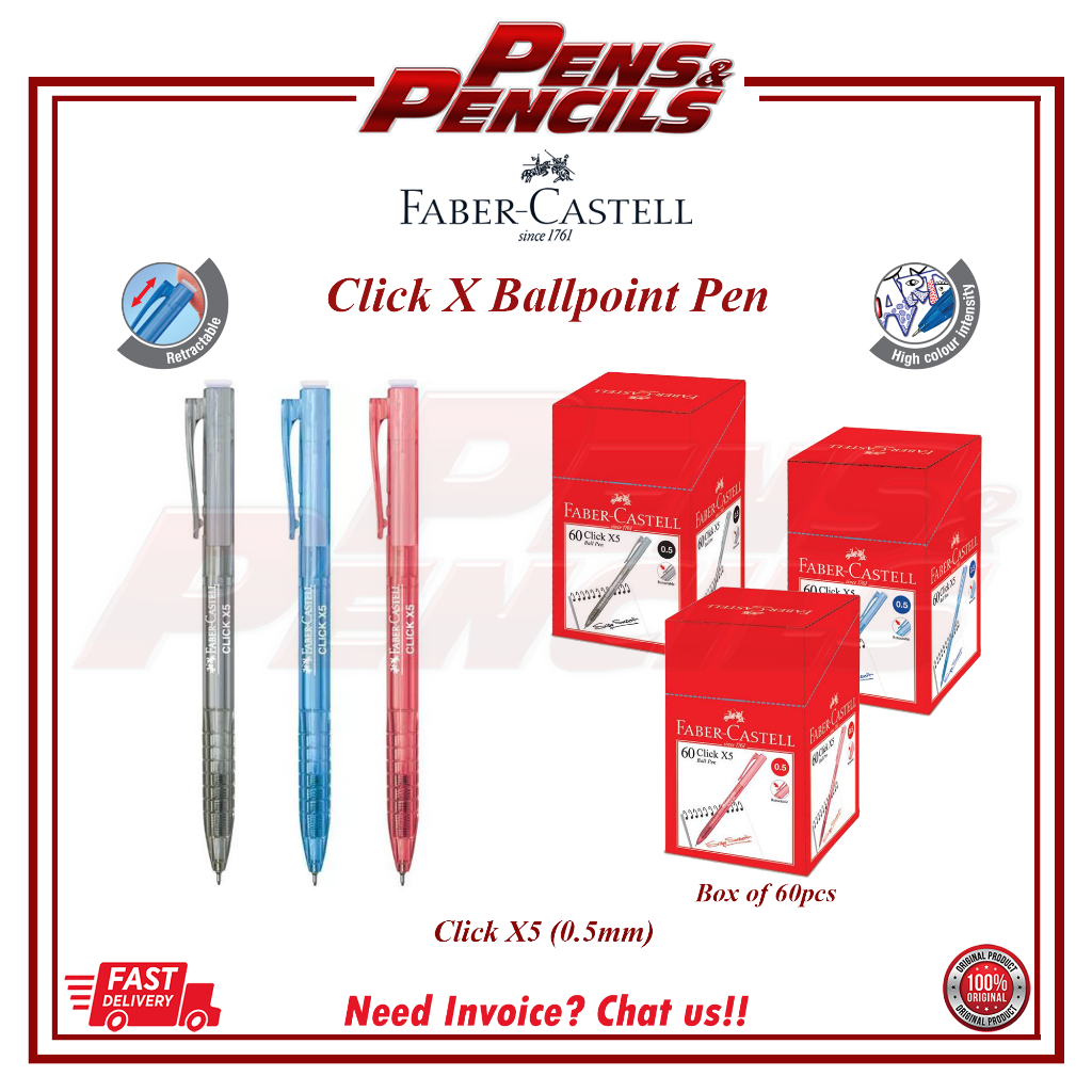 Faber-Castell Ball Pen Click X / Click X5 (0.5mm) / Click X7 (0.7mm) Black Blue Red 1422 1425 ...