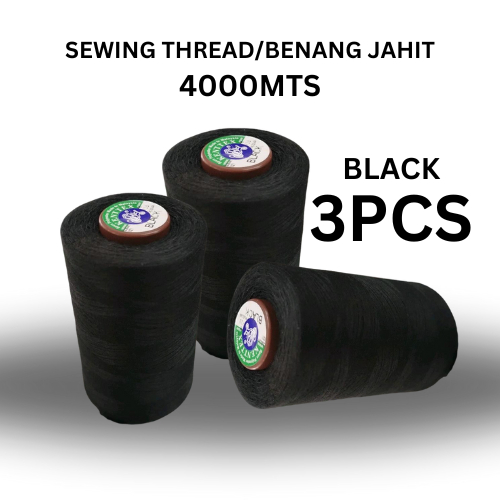 (3 PCS) Benang cotton 4000mts/benang hitam/benang jahit tegak hitam ...