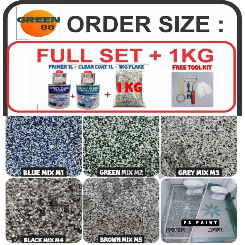 FULL SET (1L PRIMER / 1L CLEAR / 1KG FLAKE / FREE TOOLS ) Epoxy Colour ...