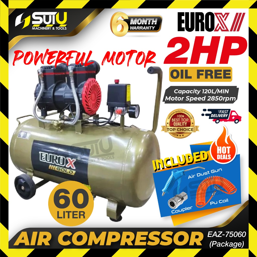 EUROX GOLD EAZ-75060 / EAZ75060 2HP 60L Oil Free / Oilless Air Compressor / Kompressor 2850RPM ...