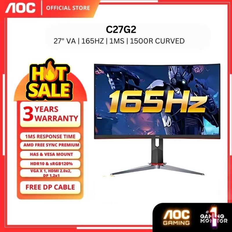 AOC C27G2 27" 165HZ 1MS FHD/AMD FREE SYNC PREMIUM/HDR10/CURVED GAMING ...