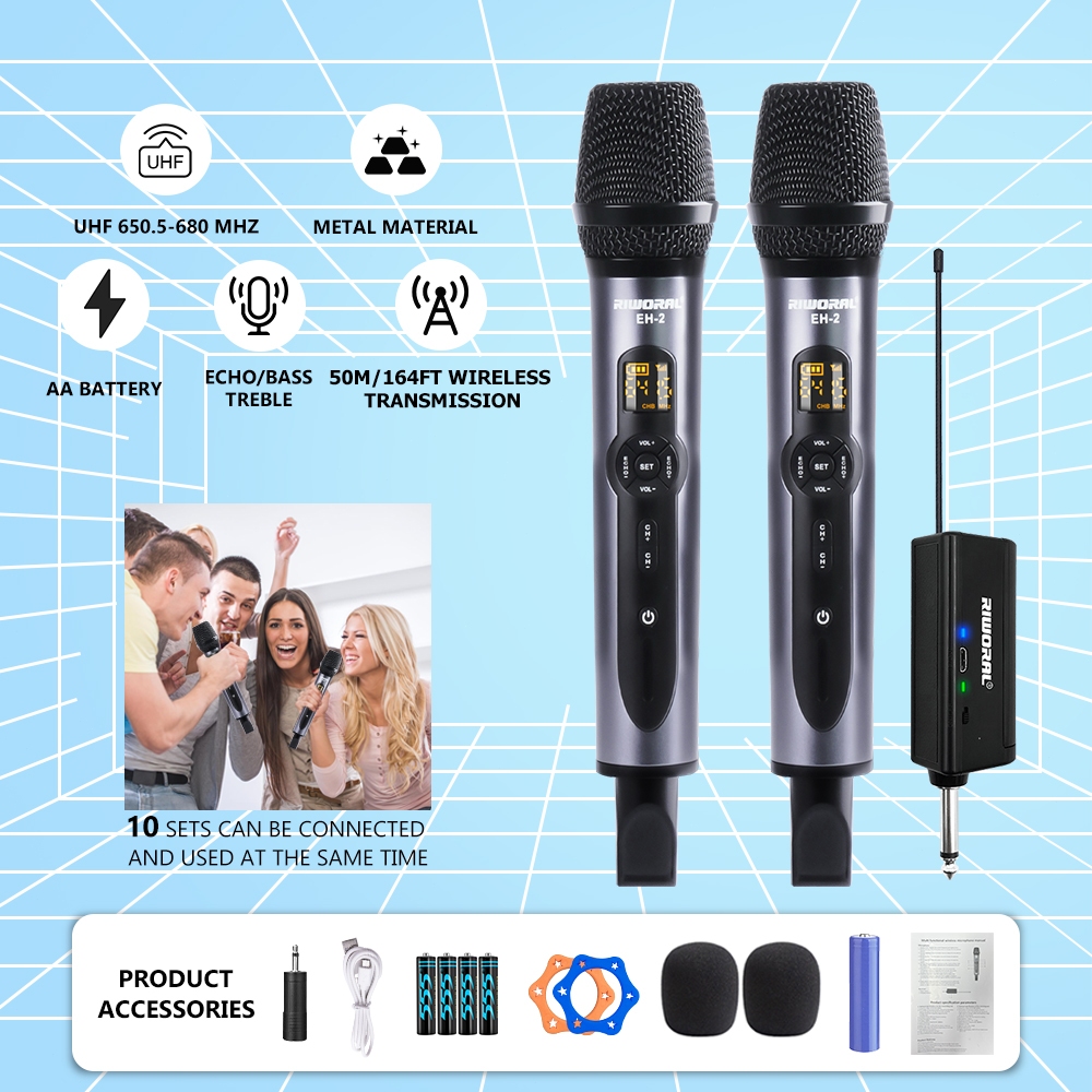 Wireless UHF Dynamic Dual Handed Metal Microphone AA Battery 6.35mm / 3 ...