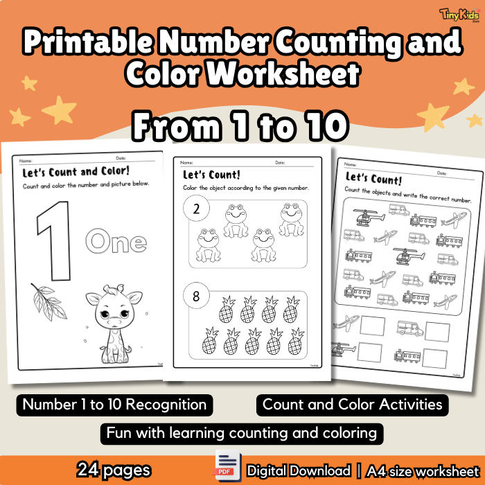 W016 PDF Digital Printable Number 1 to 10 Counting and Coloring ...