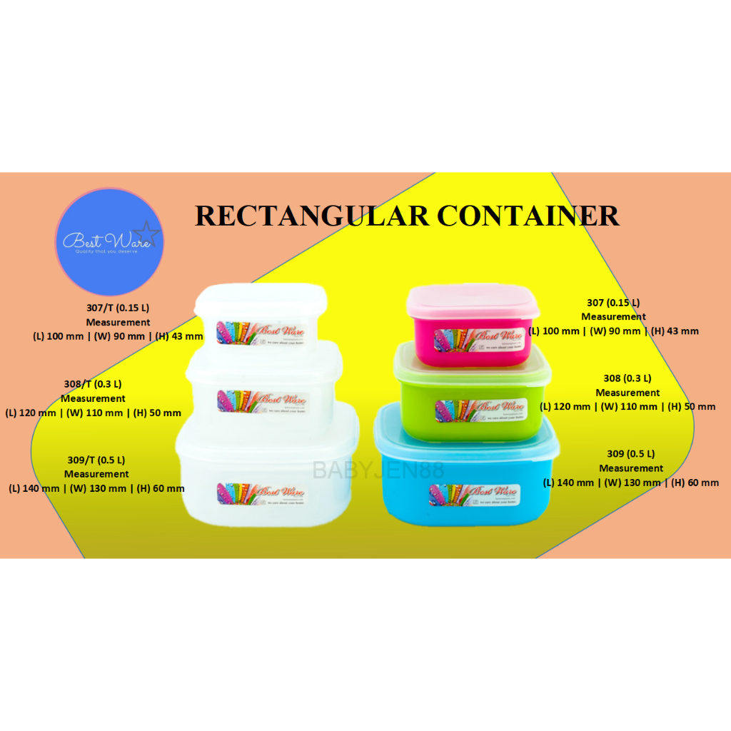 BEST WARE TRANSPARENT RECTANGULAR CONTAINER 307 307/T 308 308/T 309 309 ...