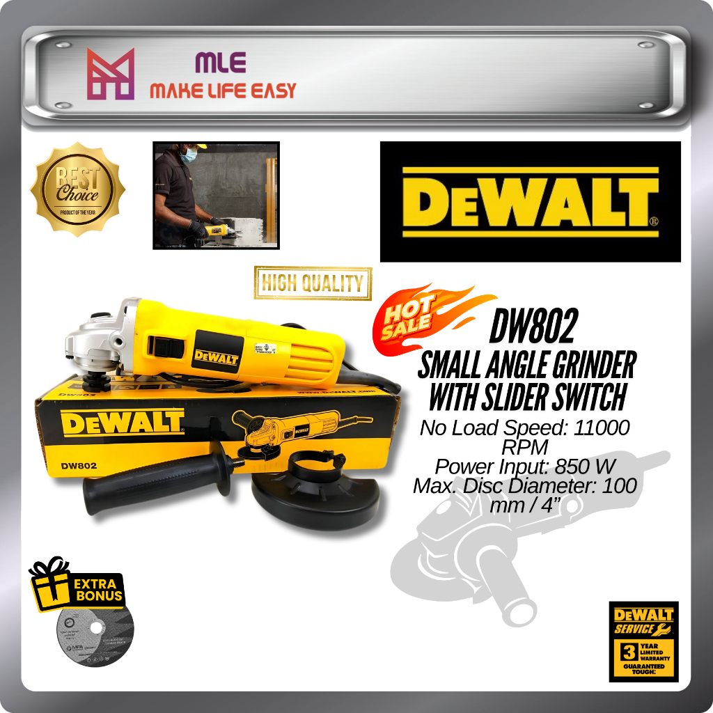 DEWALT DW802 SMALL ANGLE GRINDER WITH SLIDER SWITCH 4″ 850W | Shopee ...