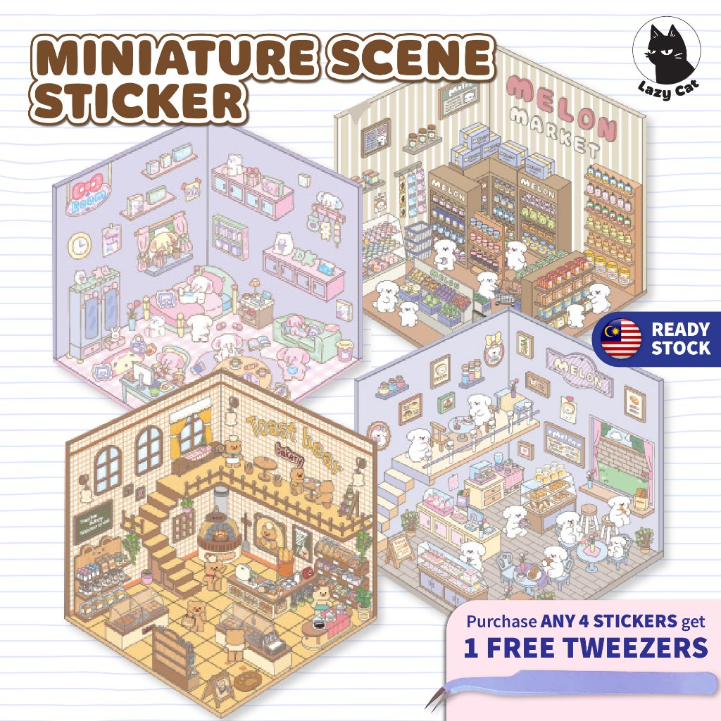 Lazy Cat 3D Miniature Scenes Sticker DIY Cute Cartoon Korean Style ...