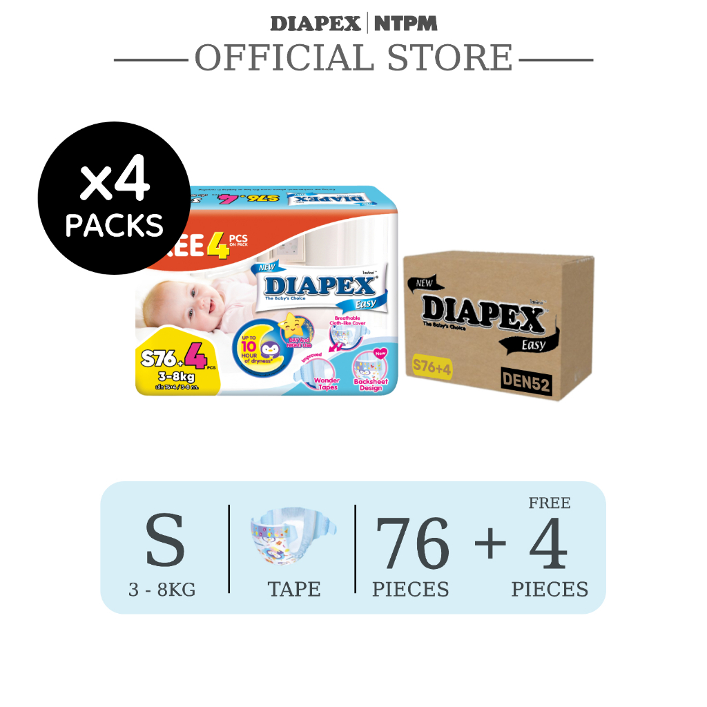 Diapex Easy Mega Pack S (76's + 4's) x 4 packets - [FREE REUSABLE BAG x ...