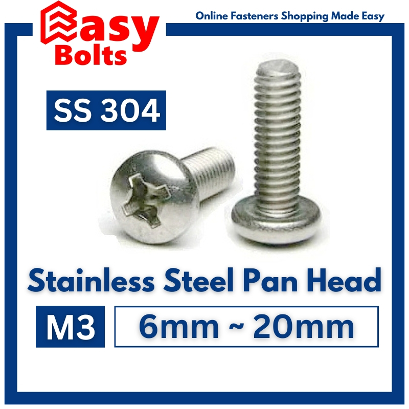 SS Pan Head Machine Screw M3 x 6mm ~ 20mm (Coarse Thread Pitch 0.5mm ...