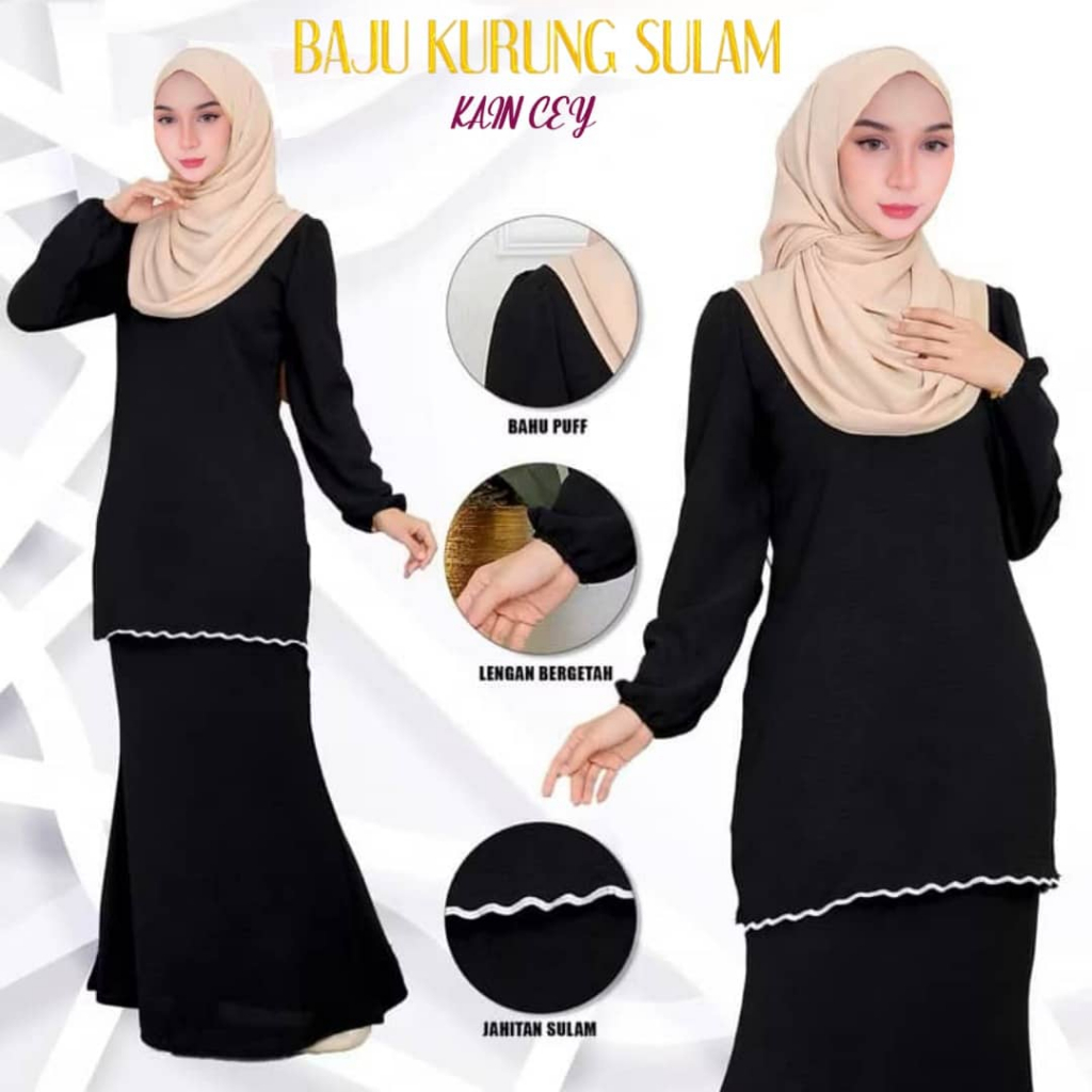 Set Baju Kurung Sulam Moden PUFF Cey Plain - XS hingga 4XL | Shopee ...