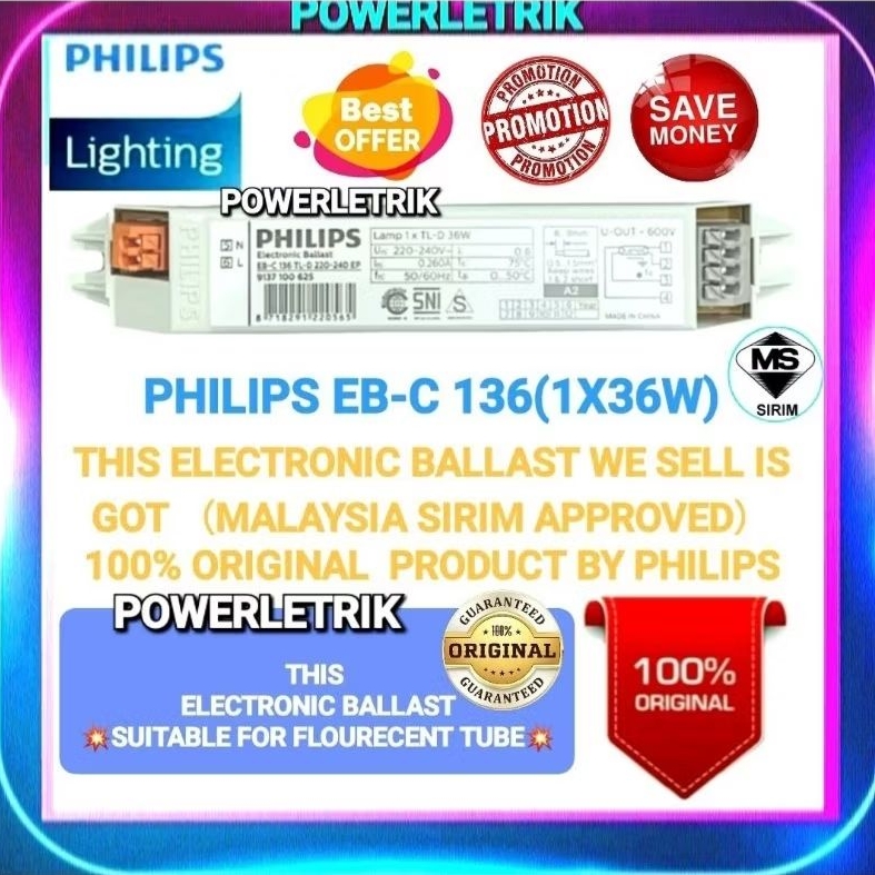 PHILIPS EB-C 136 TL-D 220-240 EP ELECTRONIC BALLAST SUITABLE FOR ALL T8 ...