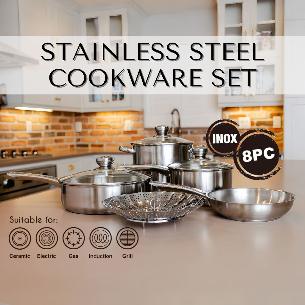 8-pcs Stainless Steel Cookware Set Induction Cooking Set Fry Pan Wok ...