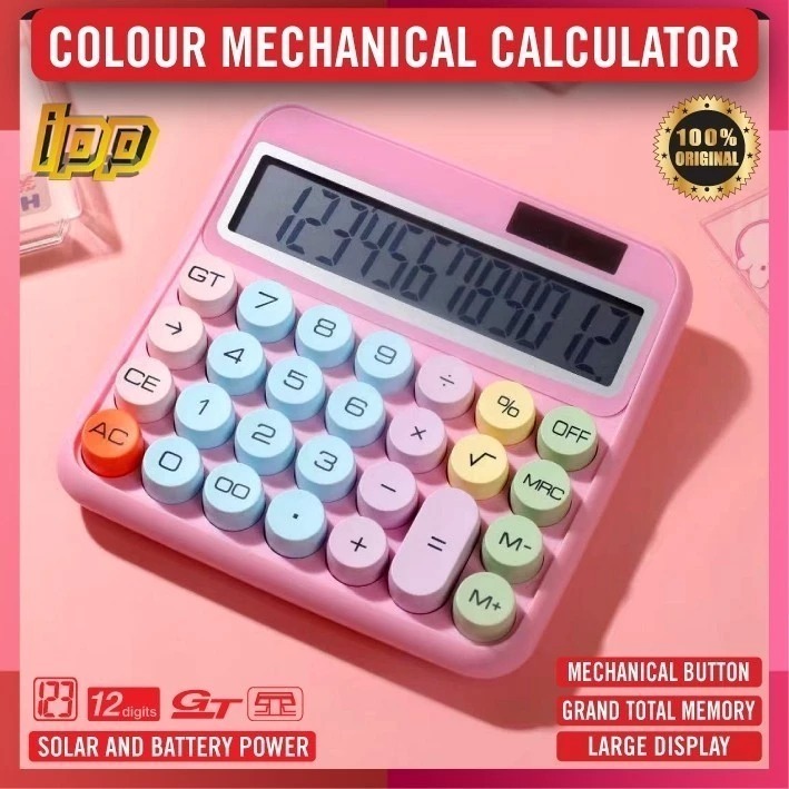 PINK Candy Color Calculator 12 Digits Large Display Big Button Dual Power Calculator for Office ...