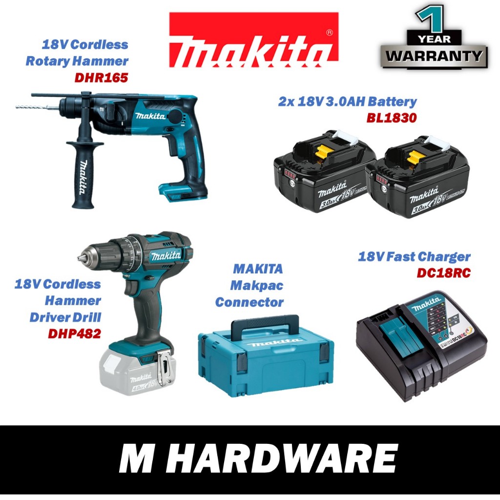 Makita Rotary Hammer + Driver Drill Combo Set DHP482RFE + DHR165Z ...
