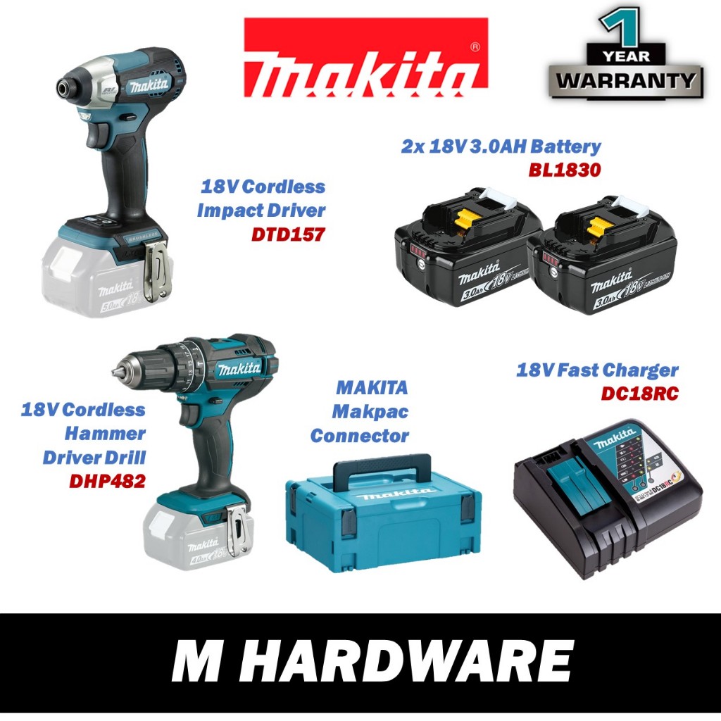 Makita Driver Drill + Impact Driver 18V ( DHP482RFE + DTD157Z ...