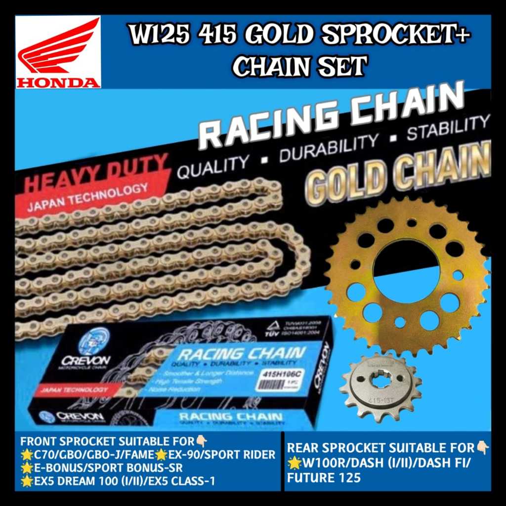 W125 W100R W110 Dash110 Future 125 415 Gold Sprocket + Chain Sets ...