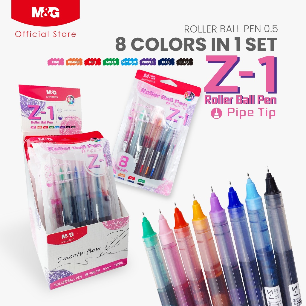 M&G Z-1 Roller Ball Pen 0.5mm - 8 PCS/SET (8 Colors), Pipe Tip, Smooth ...