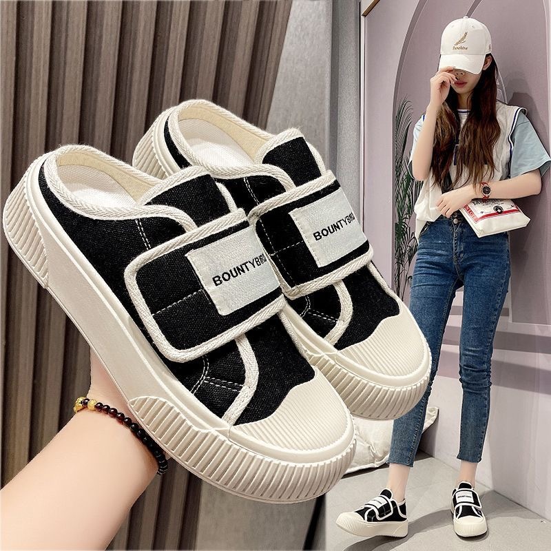 Baotou half slipper Slip-on breathable canvas Velcro for easy wear Wear ...