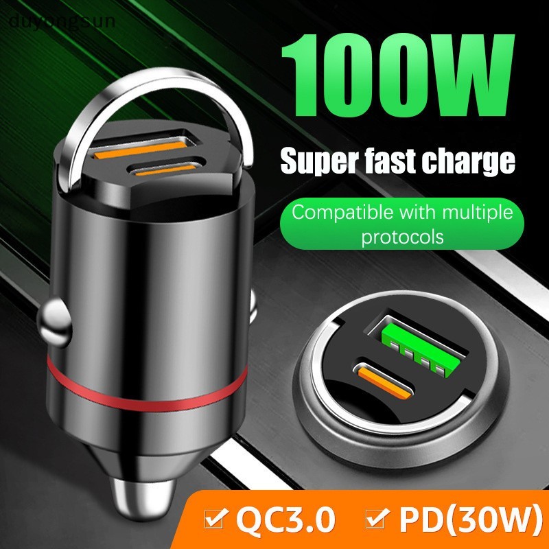 100W Invisible Mini Car Charger Dual Port Pull Ring Type C Phone USB ...