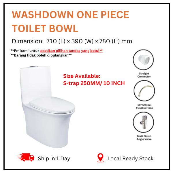 ONE Piece RIMLESS White Ceramic Water Closet WC Washdown S-TRAP 250mm ...