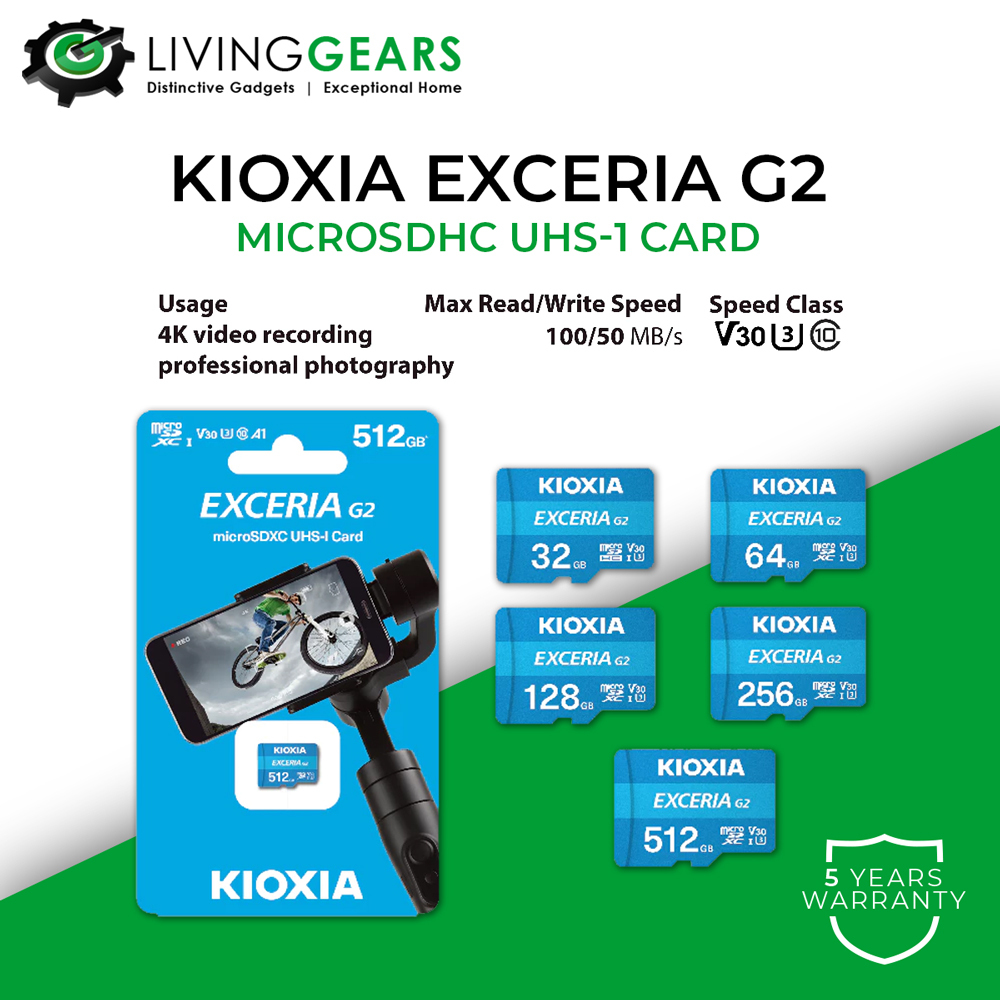 Kioxia Exceria G2 4K A1 MicroSD 100MB/s CLASS10 UHS-I U3 MicroSDHC Memory Card (64GB/128GB/256GB ...