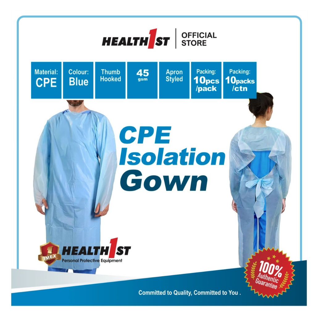Health1st Disposable CPE Isolation Gown With Thumb Hooks 10pcs/pack ...