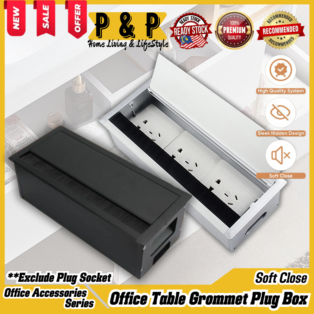 Black White Rectangle Aluminium Wire Cable Desk Grommet with Brush for ...