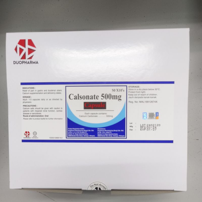 CALSONATE 500MG CAPS 10'Sx50strip E:1/26 Duopharma Calsonate Calcium ...