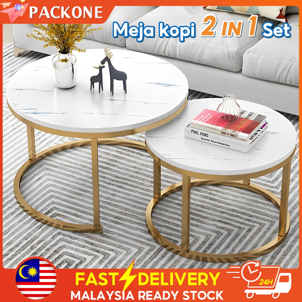 PACKONE 💥2 In 1 Coffee Table Marble Pattern Meja Kopi Set Small Round ...