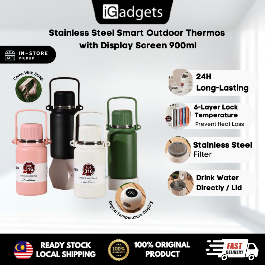 Stainless Steel Smart Outdoor Thermos Bottle with Display Screen 900ml ...