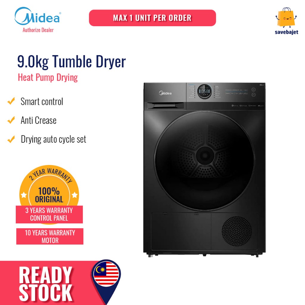 Midea Pengering Pakaian Pam Haba 9.0KG Heat Pump Tumble Dryer MD200H90W ...