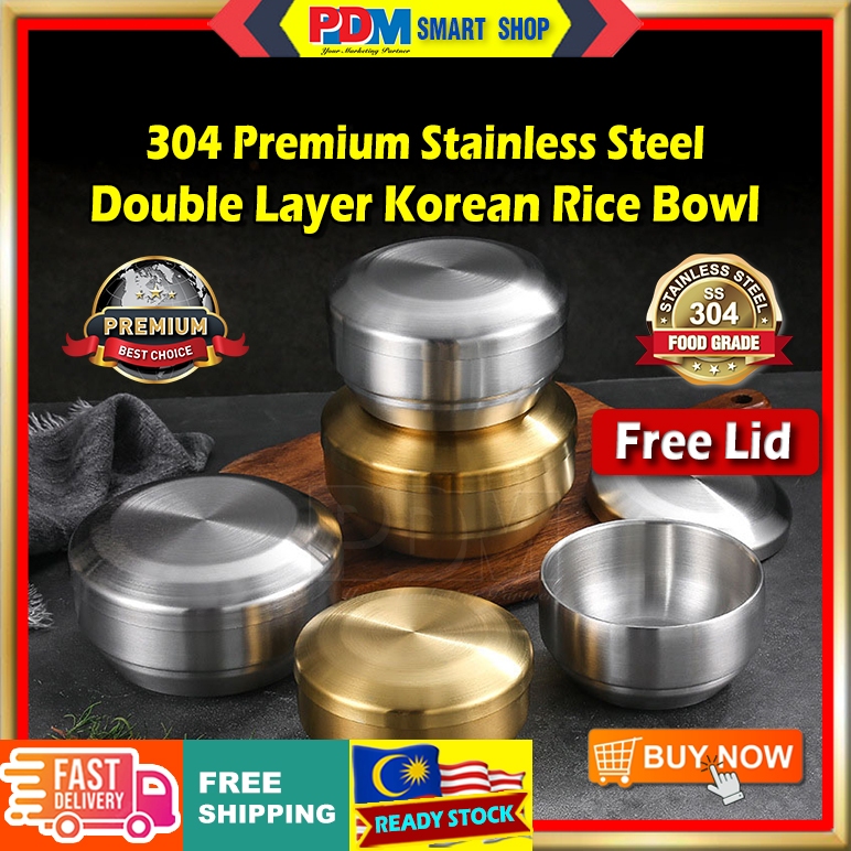 PDM Premium 304 Stainless Steel Double Layer Korean Rice Bowl with Free Lid 11cm 12cm 13cm ...
