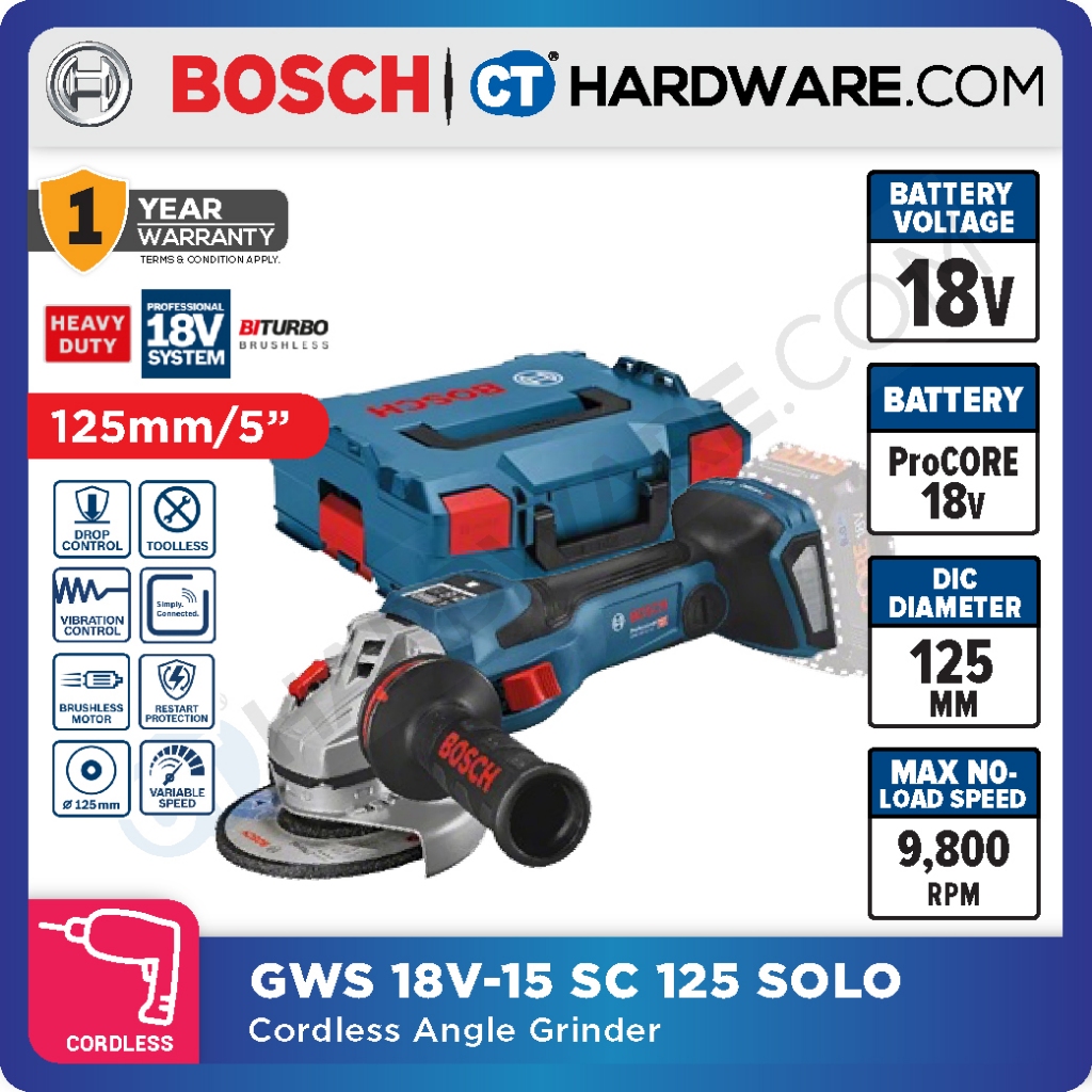 BOSCH GWS 18V-15 SC 125MM CORDLESS ANGLE GRINDER 5" 18V M14 WITHOUT BATTERY & CHARGER ( SOLO ...