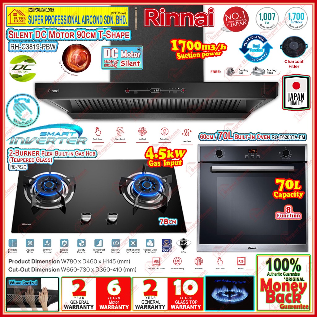 Rinnai Chimney Hood RH-C3819-PBW DC Motor / Rinnai Gas Hob RB-782G (4.5kW) / Rinnai Built-In ...