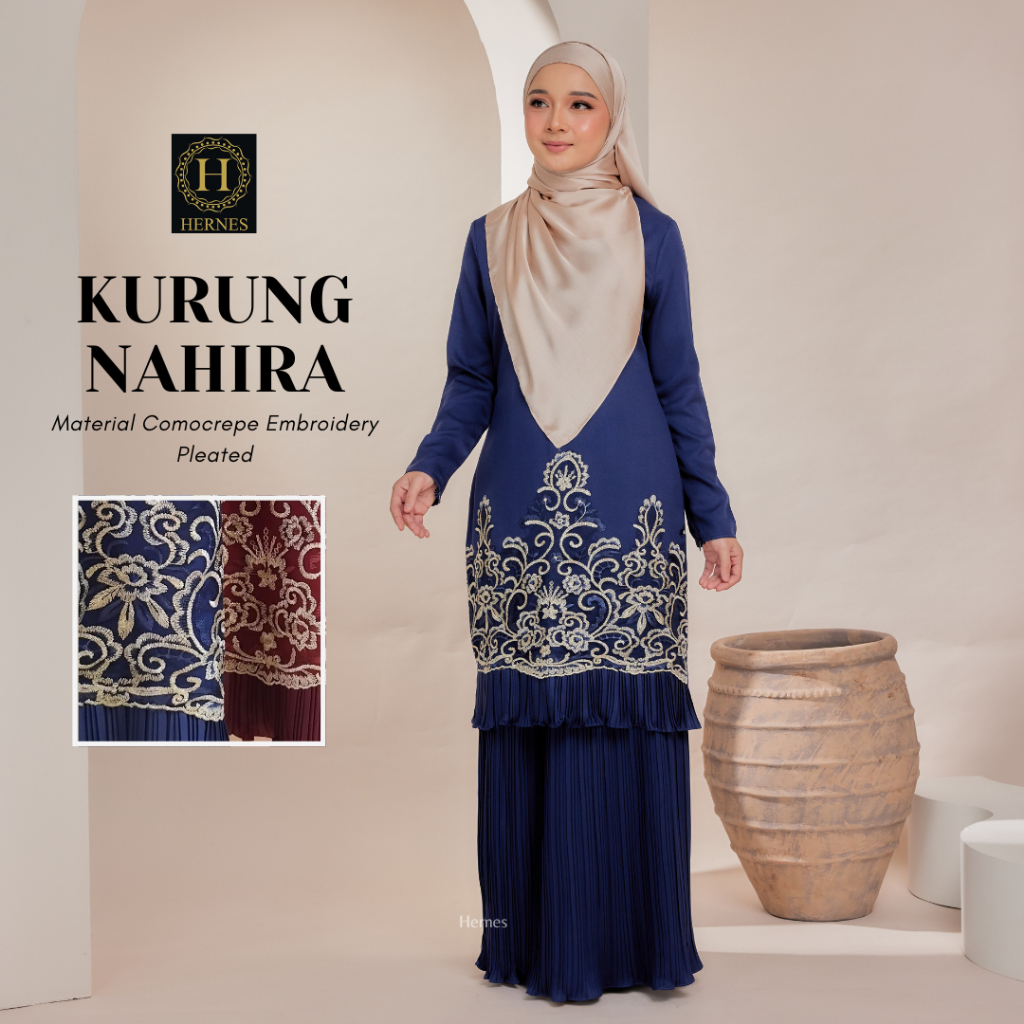 HERNES KURUNG NAHIRA PLEATED SULAM EMBROIDERY KURUNG MODEN PLEATED ...