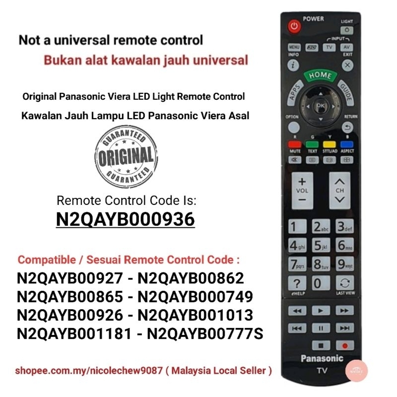 Original Panasonic LED TV Remote Control N2QAYB000936 | Shopee Malaysia